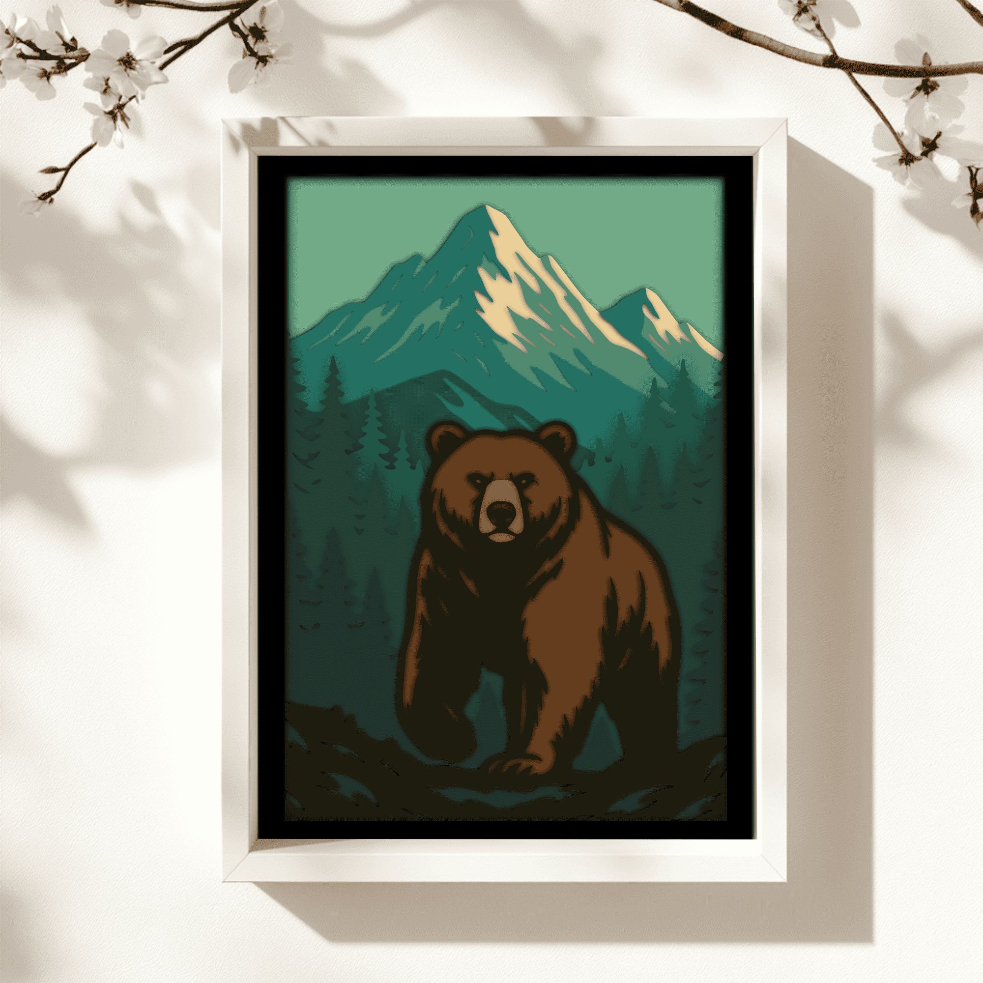 Bear in Mountains 3D Shadow Box SVG DXF PDF