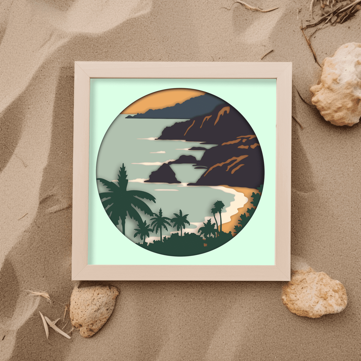 3D Layered Tropical Beach Scene SVG, 3D Box Templates, Svg