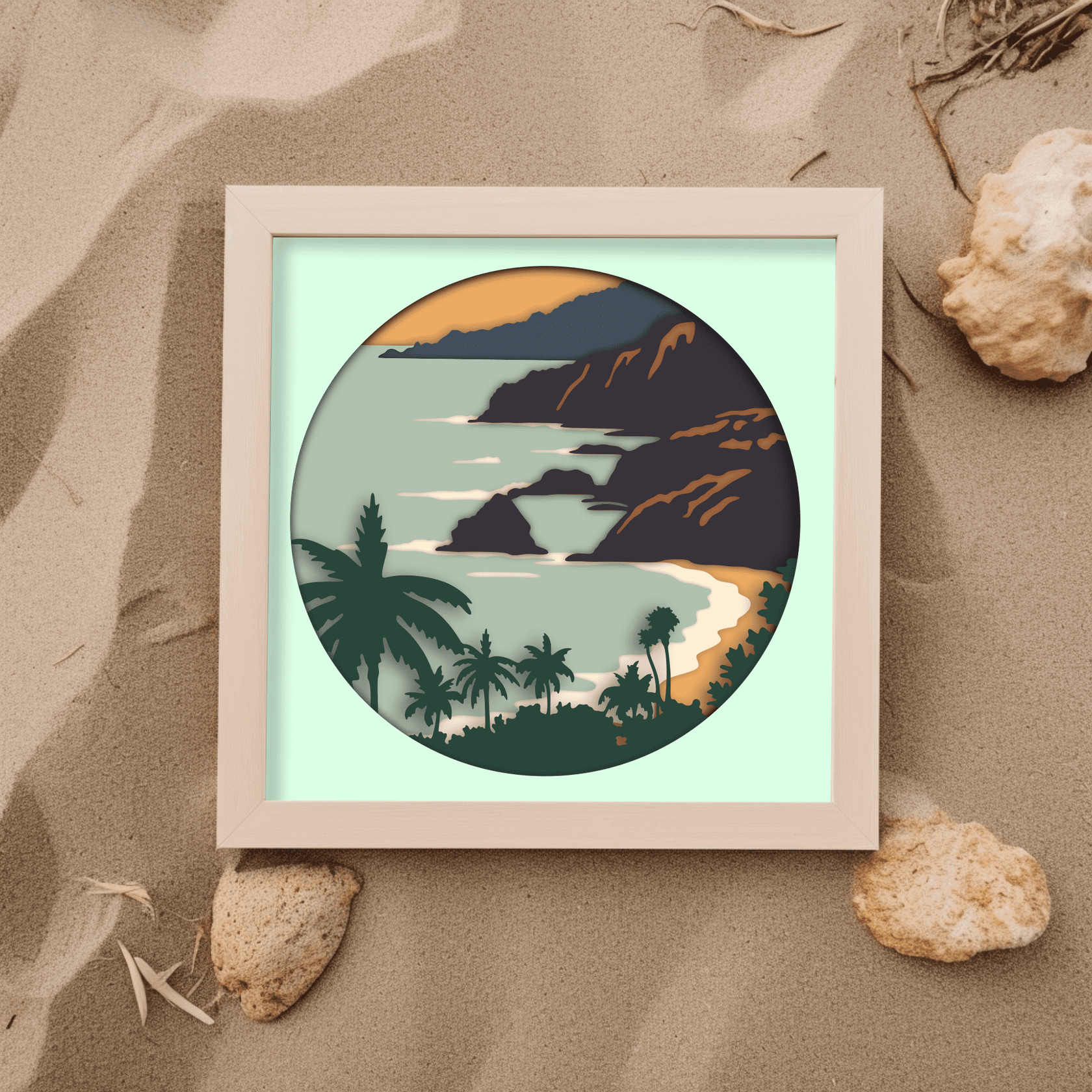3D Layered Tropical Beach Scene SVG, 3D Box Templates, Svg