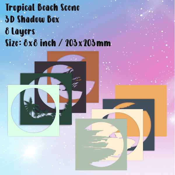 3D Layered Tropical Beach Scene SVG, 3D Box Templates, Svg