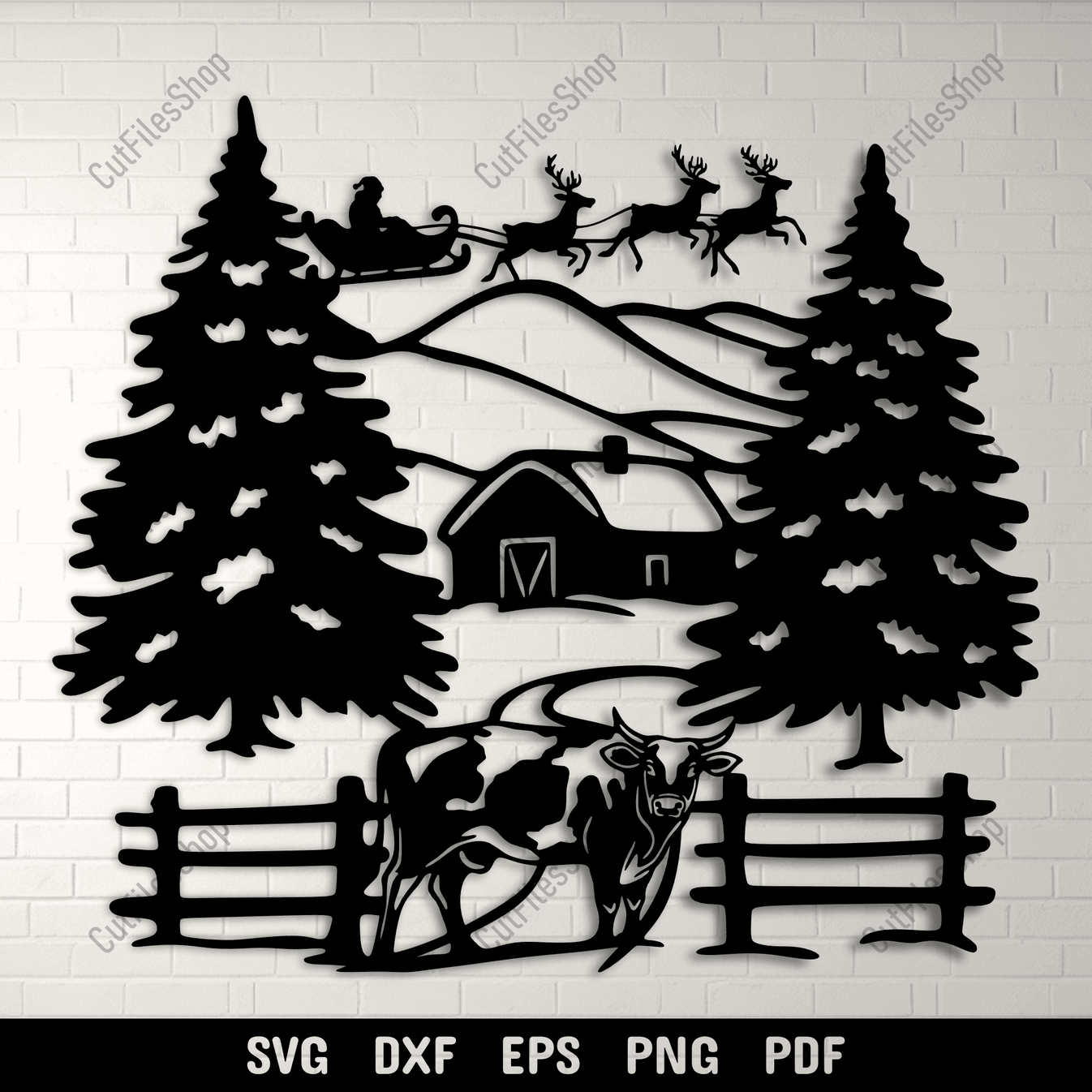 Christmas Farm SVG DXF EPS PNG | Santa Sleigh, Winter Scene