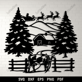 Christmas Farm SVG DXF EPS PNG | Santa Sleigh, Winter Scene