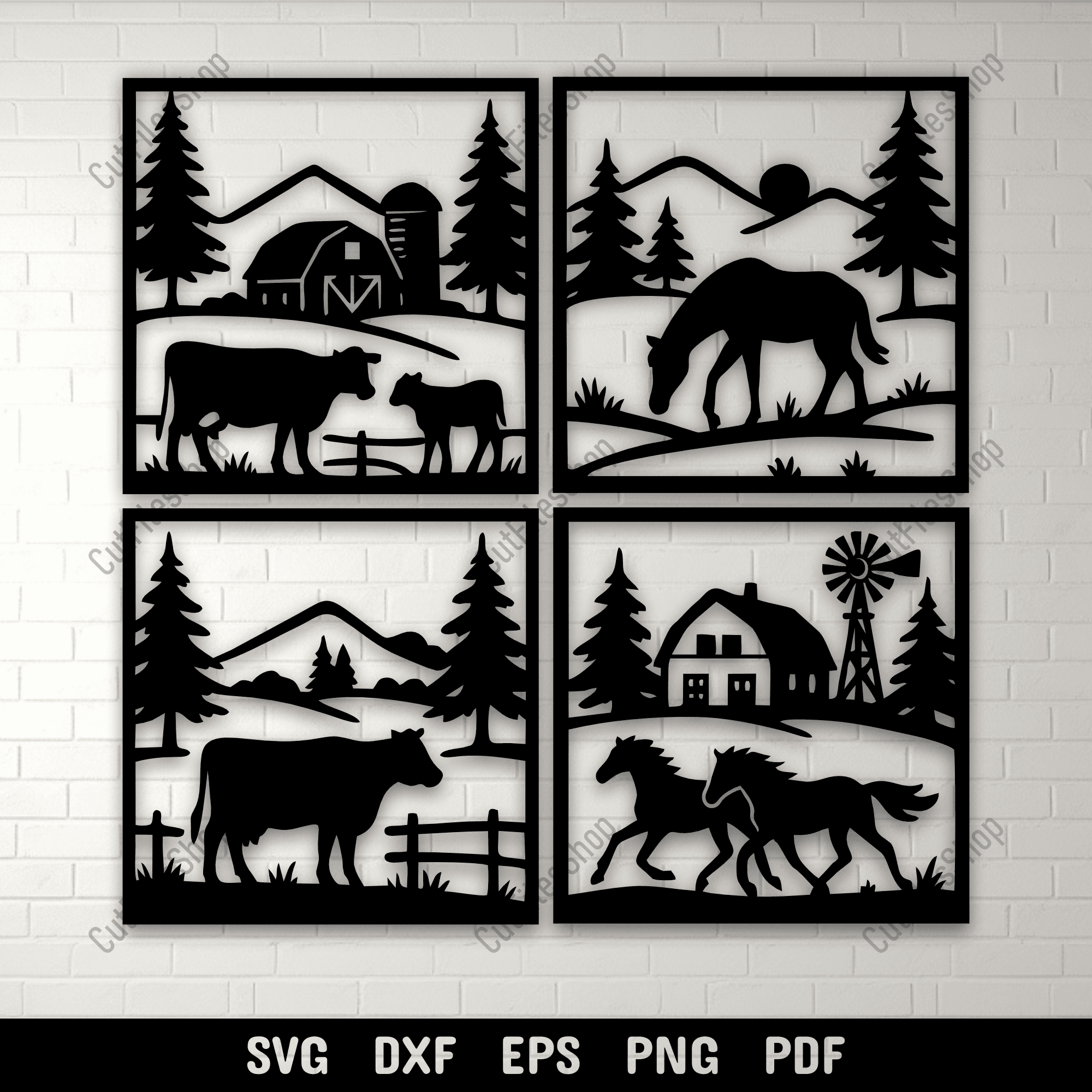 Farm Scene SVG DXF PNG Cow/ Horse Panels for CNC Laser Cut