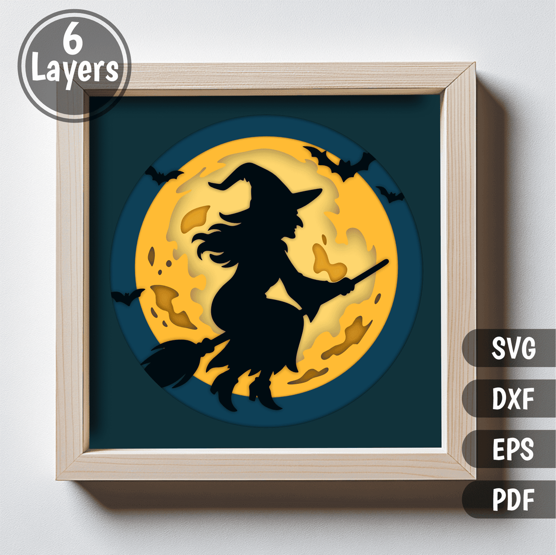 Witch on Broom Halloween 3D Shadow Box SVG DXF PDF EPS Template