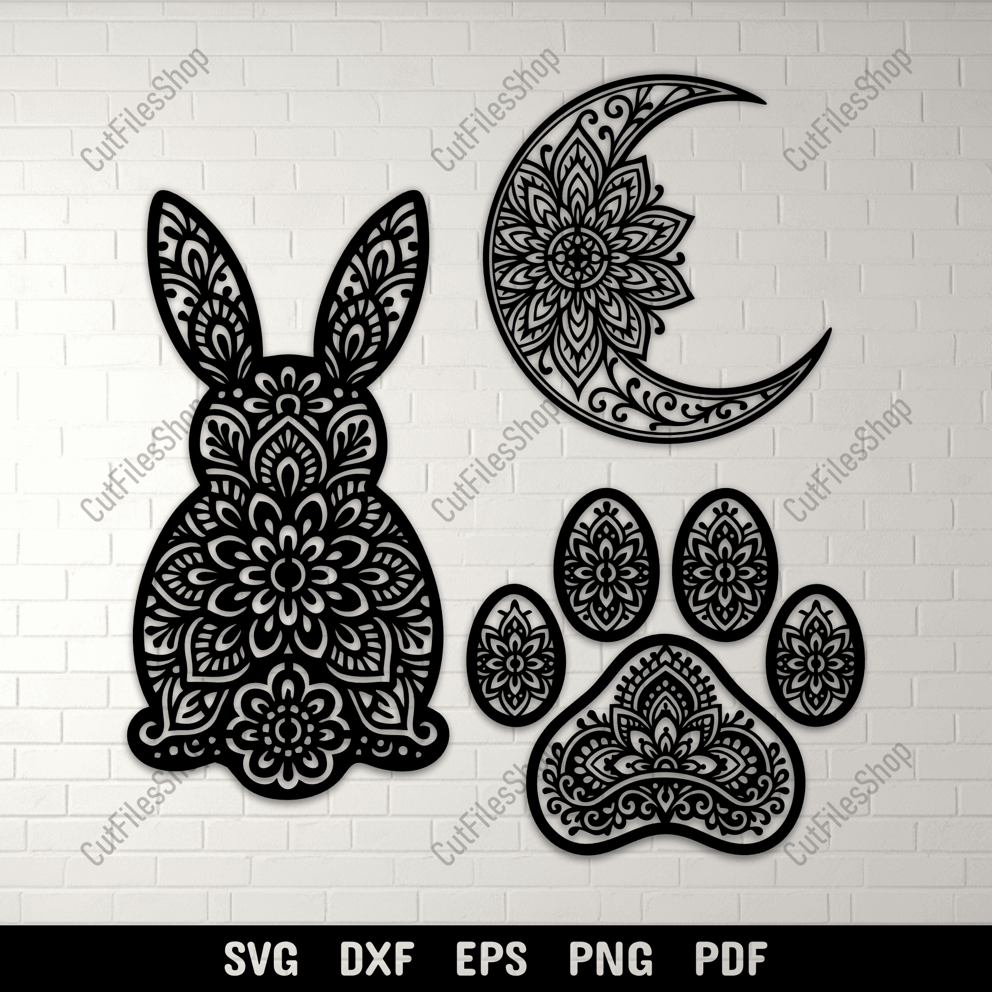 Mandala Bunny Moon Paw SVG DXF for Cricut, Laser & CNC