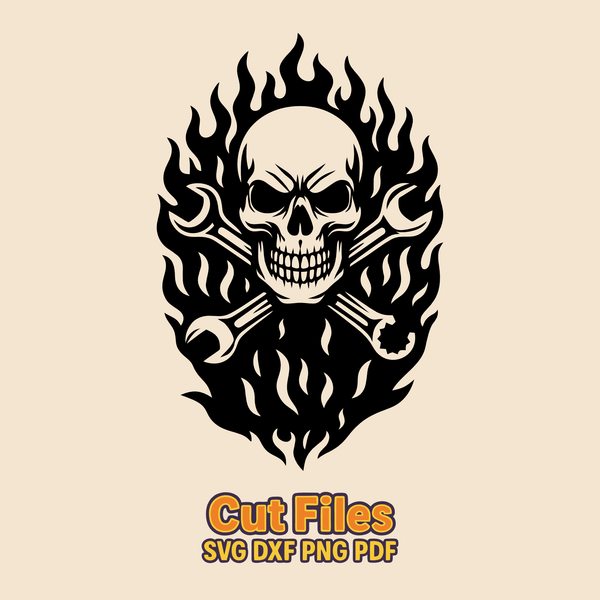Skull Flames Mechanic SVG DXF PNG for CNC Laser Cutting