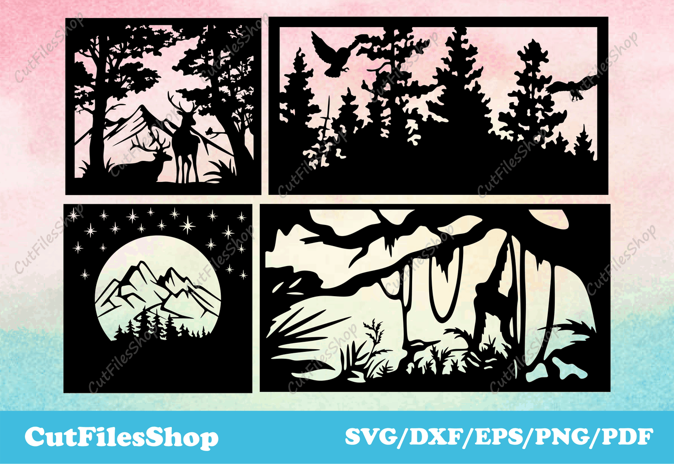 Nature panels dxf, Nature dxf, Wall decor for laser Cut, animals scene dxf